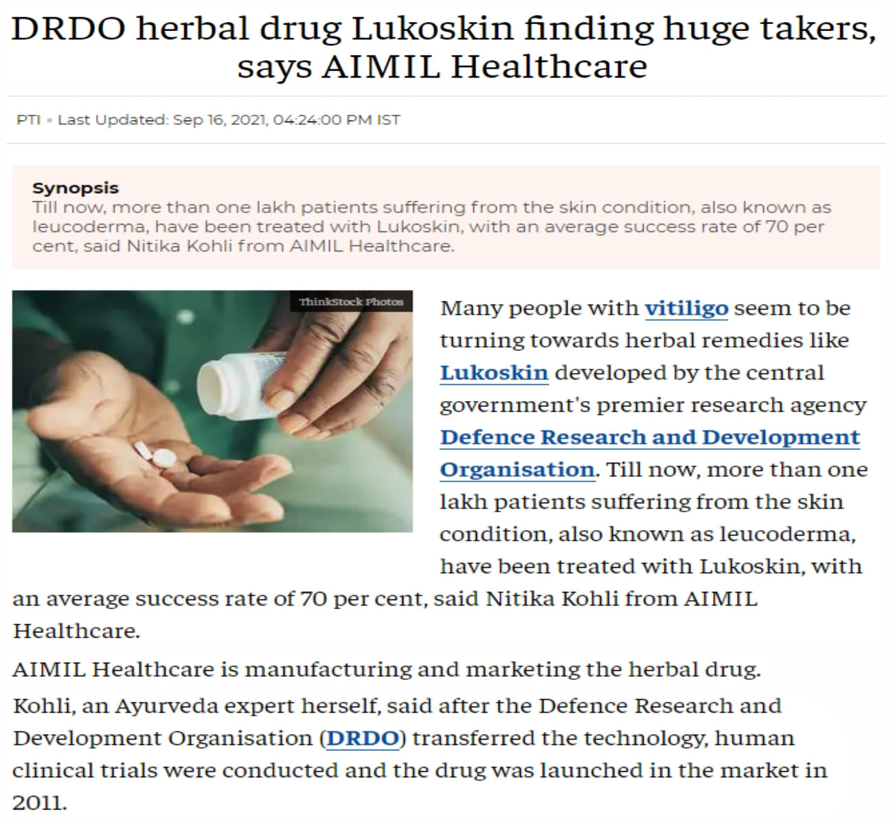 DRDO herbal drug Lukoskin finding huge takers, says AIMIL Healthcare ...